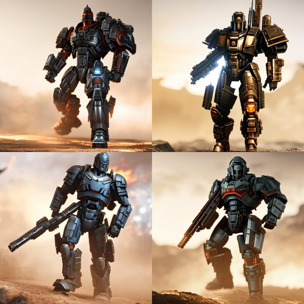 Heavy powered armored Spartan 117 walking towards us in a dark forest ...