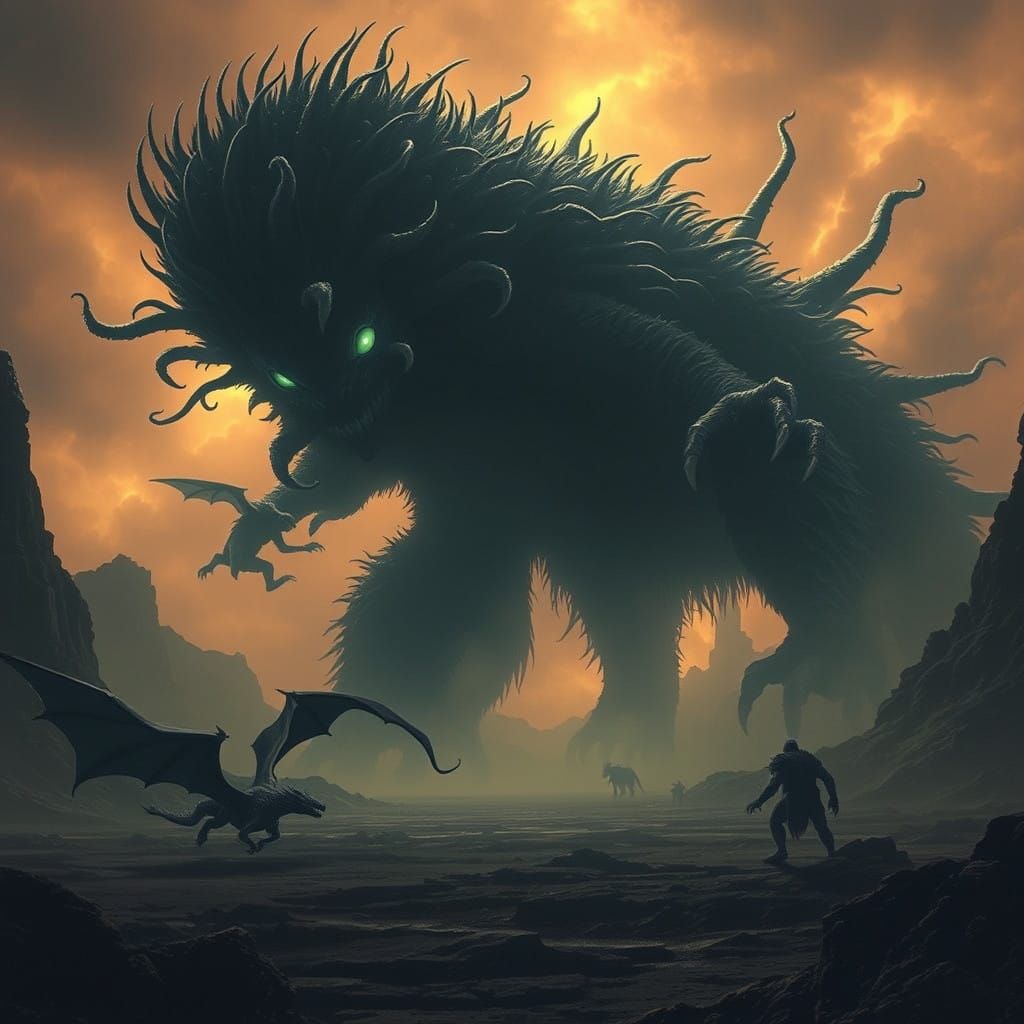 (Cosmic Horror & Dark Fantasy):** A terrifying scene where a colossal ...
