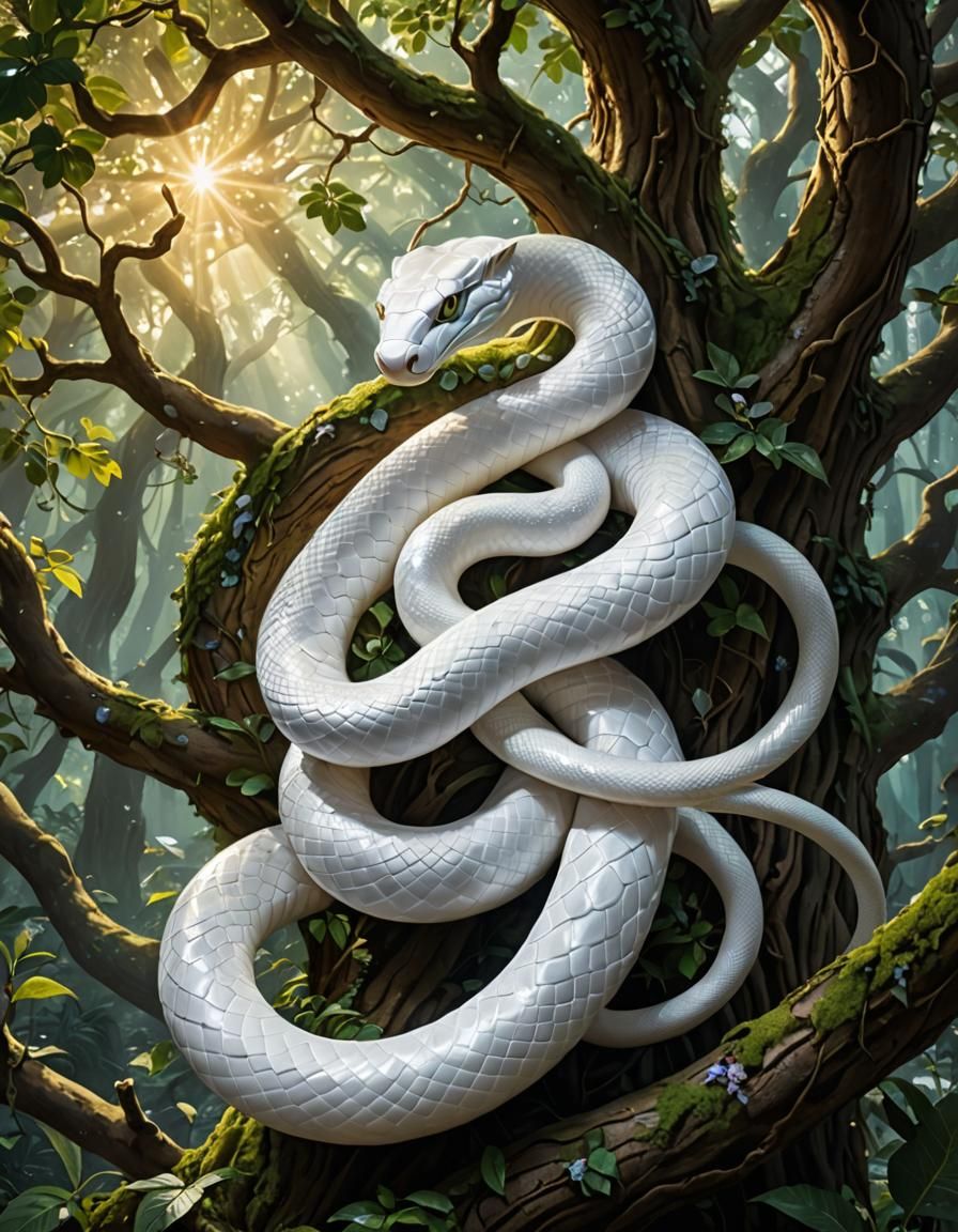 A white ethereal snake protecting a tree of Life - AI Generated Artwork ...