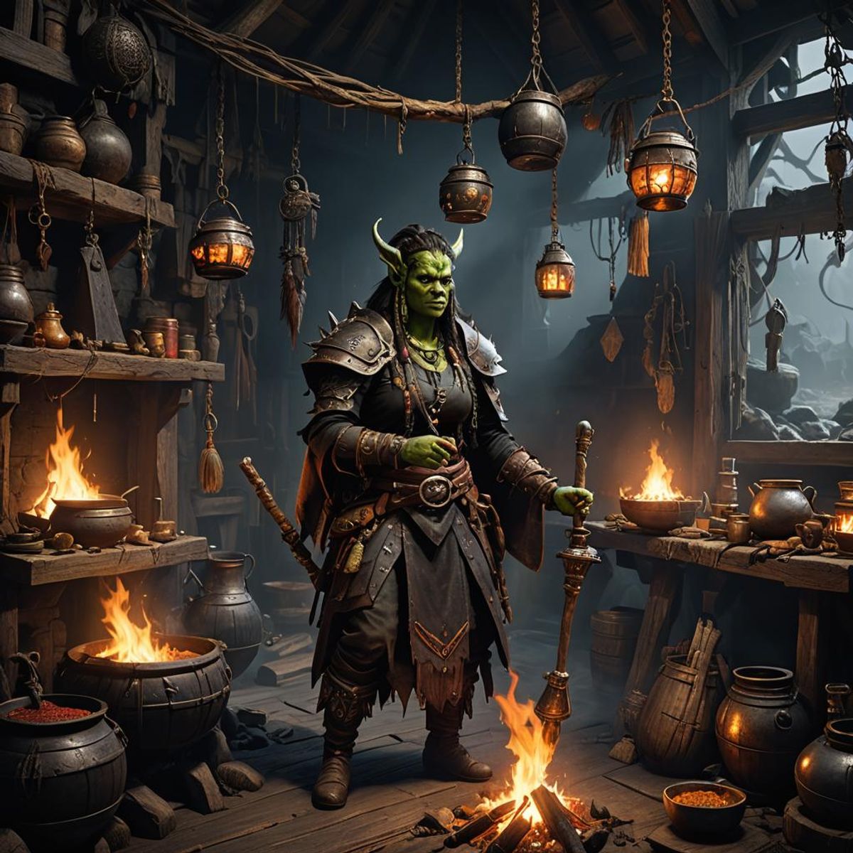 A female Ork-Shaman from dungeons and dragons, It's in a hut with a dark atmosphere. wearing ...