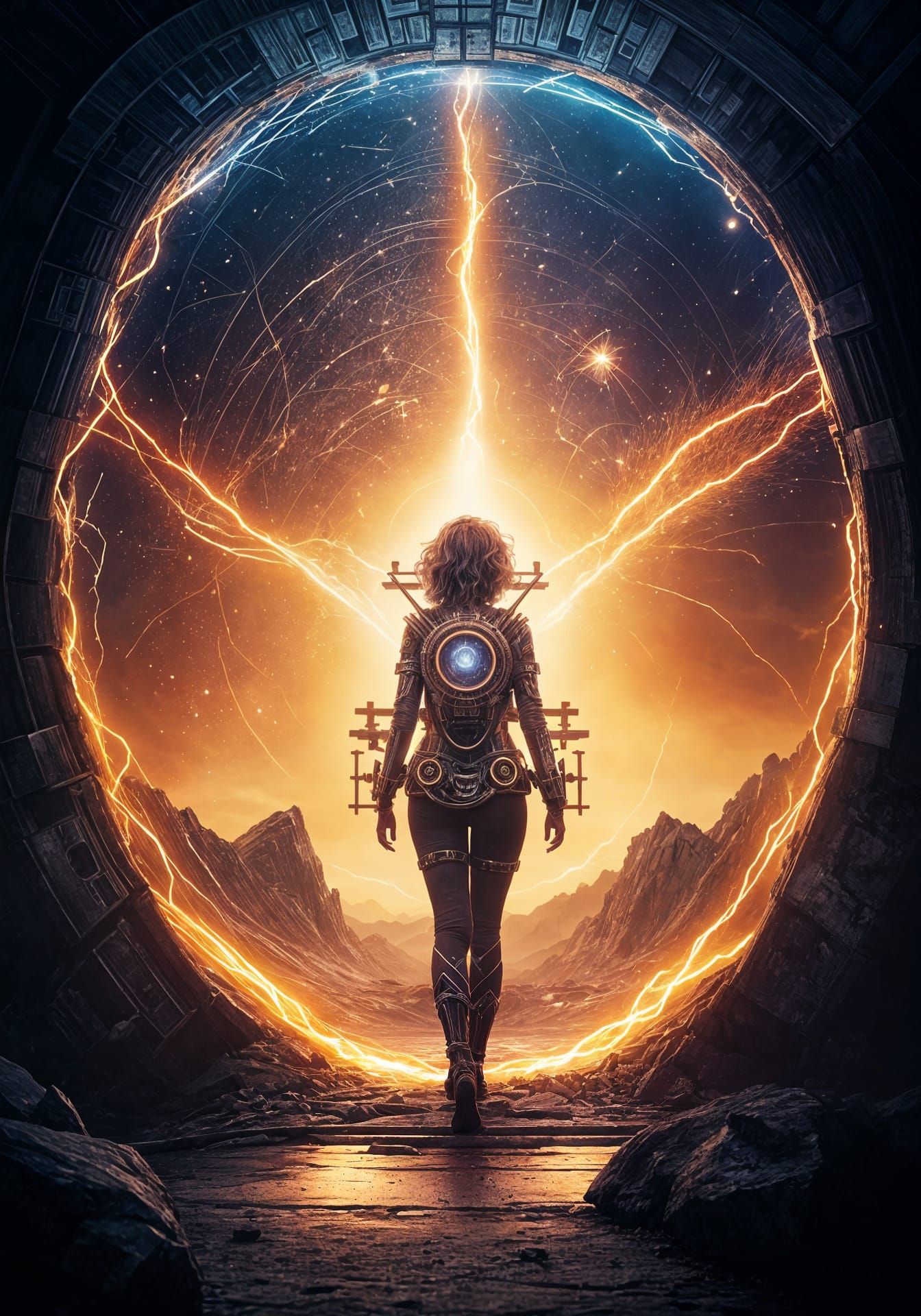 A traveler through alternate dimensions wearing an elaborate mechanism ...