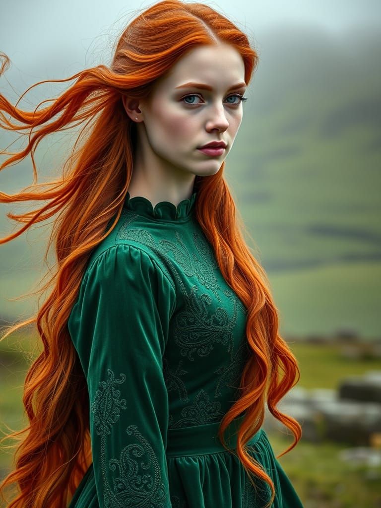 Irish Maiden in Misty Landscape, Hyperrealistic Po... - AI Art