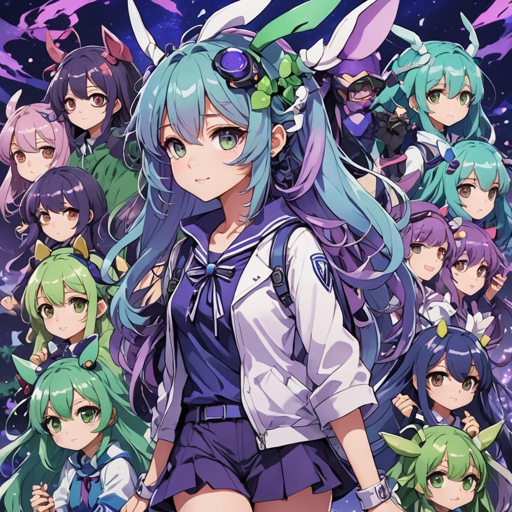 vtuber in shades of purple, blue, and green. The character has antennae ...