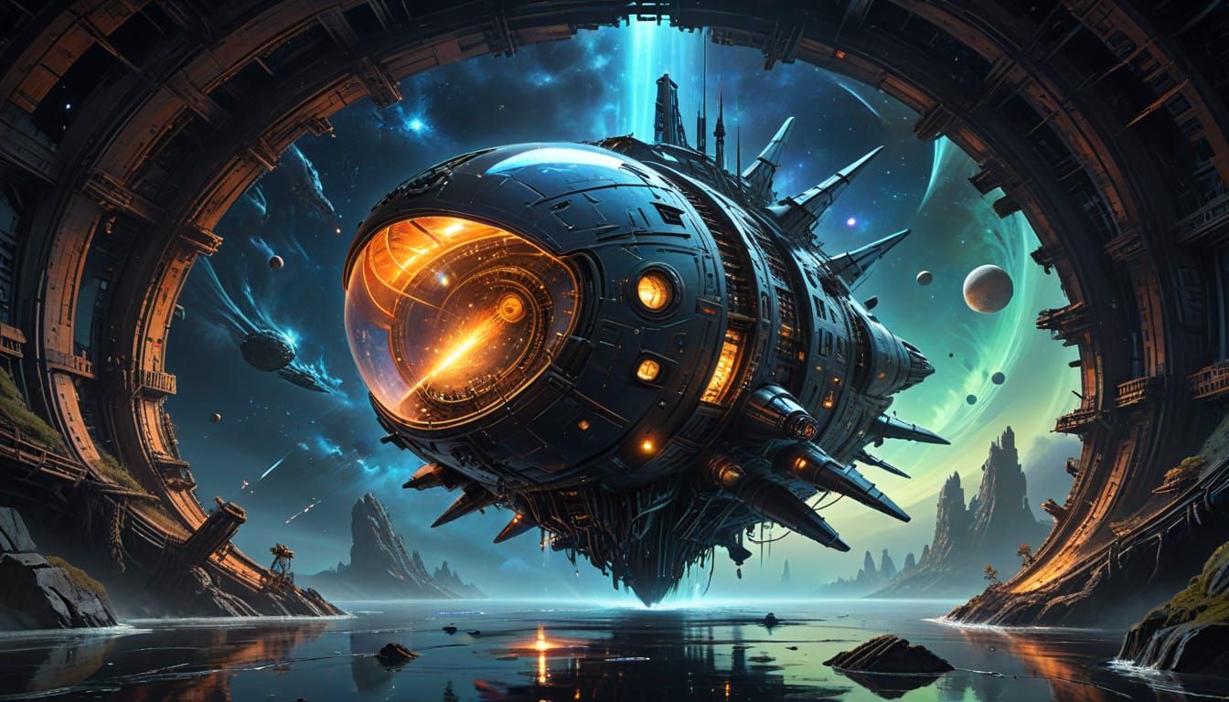 Starship UPA Levon Colony Ship Entering Alien Cavern