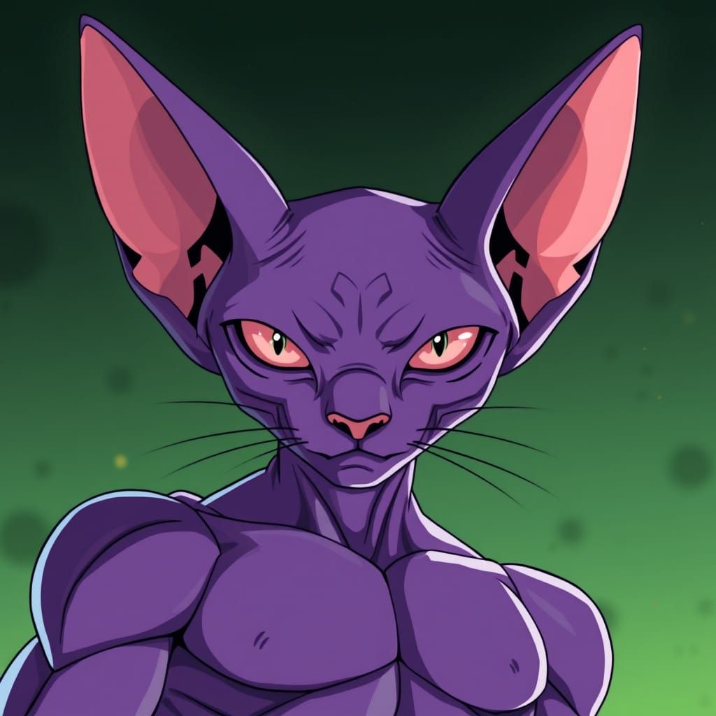 Beerus on a Sphynx Cat Throne, Anime Masterpiece - AI Art