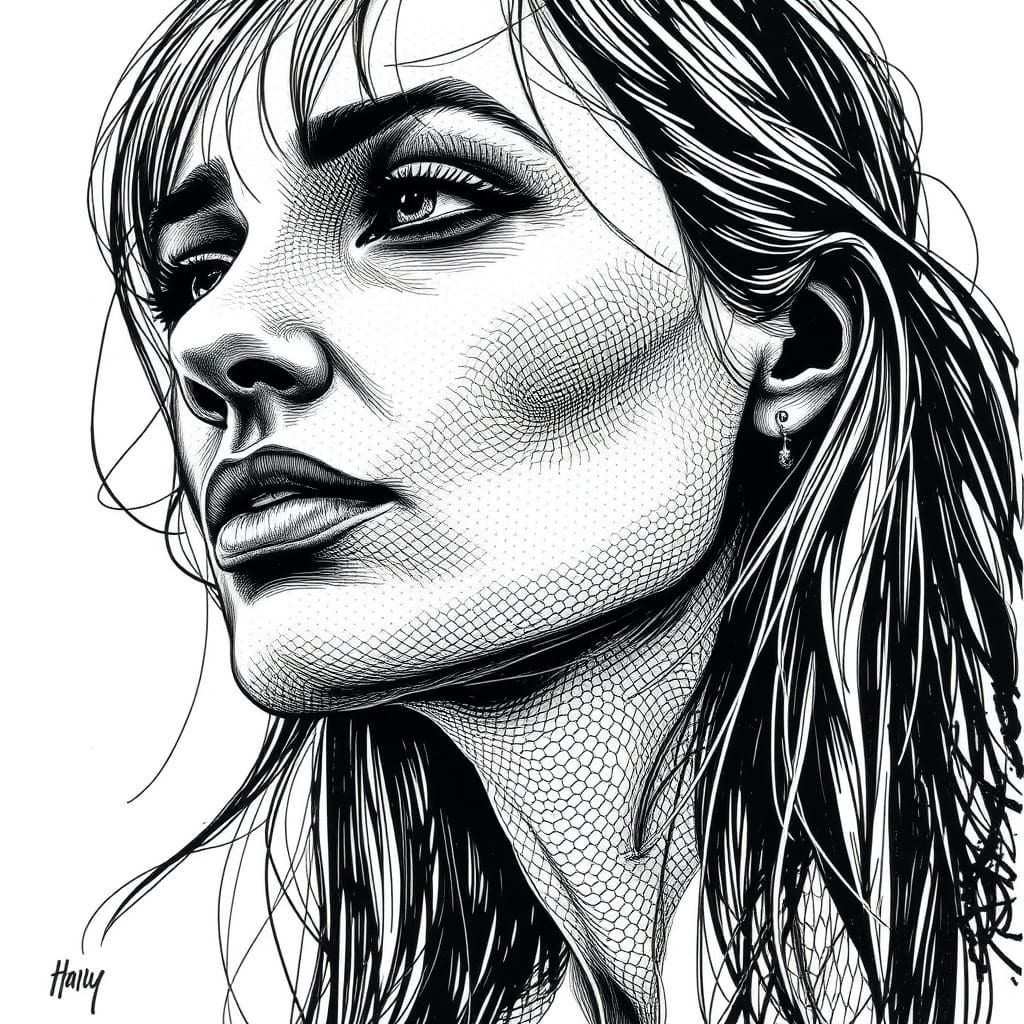 Ink Drawing -- Female Portrait -- - Ink Drawing -- Female Po...