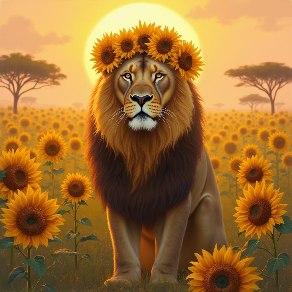 Lion King: Sunflower Crown in Impressionist Style - AI Art