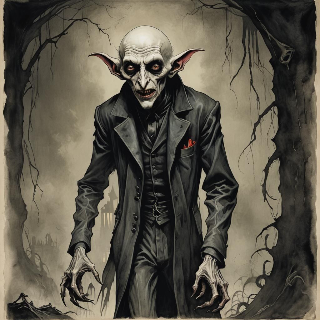 Nosferatu vampire with a grotesque and twisted appearance, a hunched ...