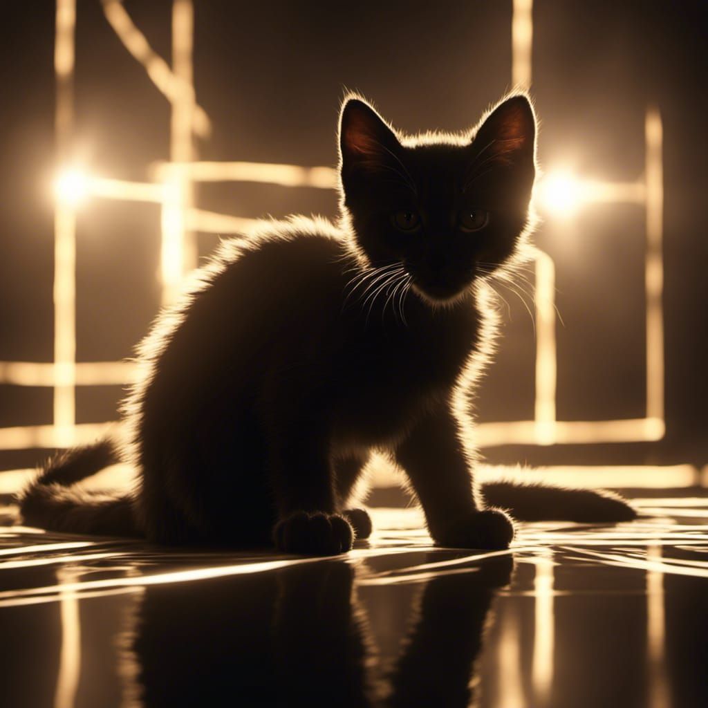 A silhouette of a perfect backlit fuzzy Kitten in complete darkness ...