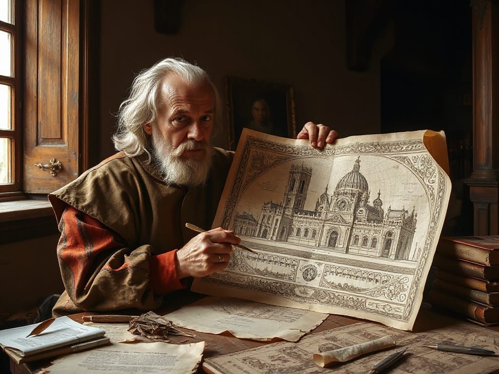 Elderly Architect Ponders Cathedral Blueprint in R... - AI Art