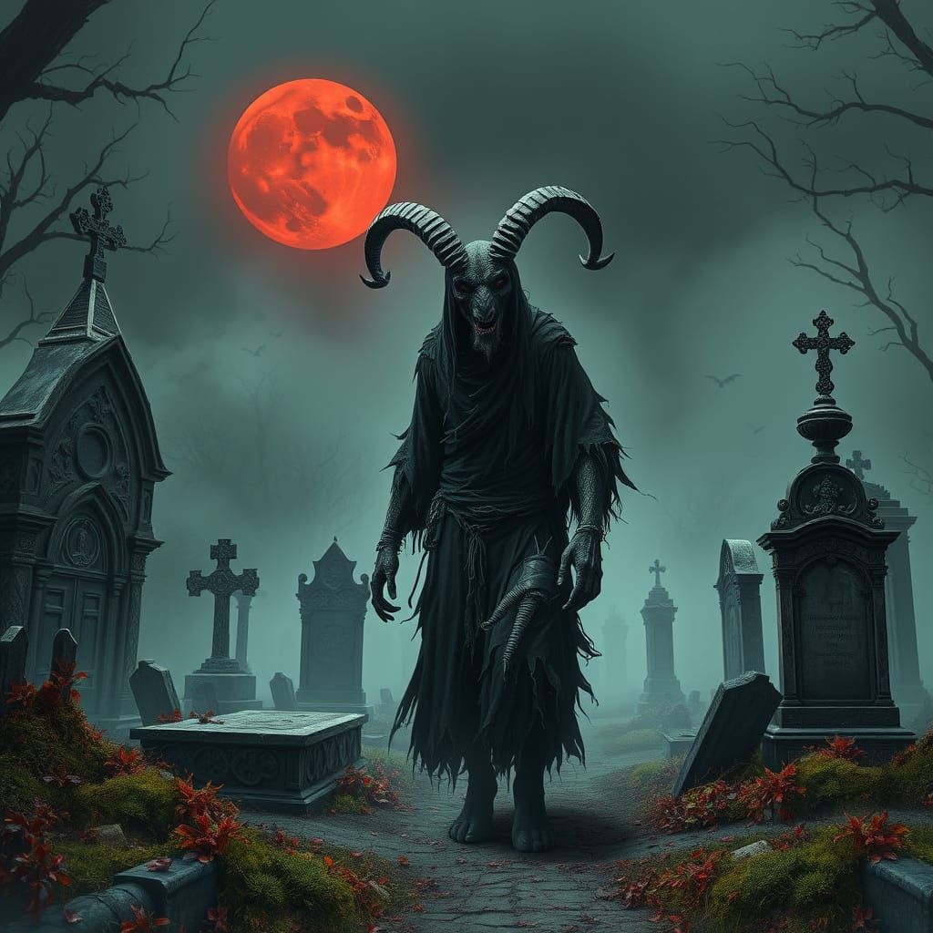 Gothic Goatman Haunts Abandoned Cemetery - AI Art