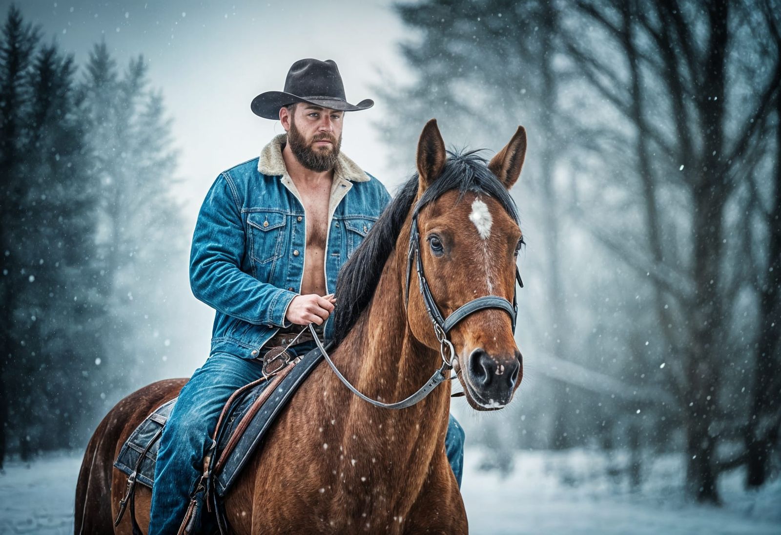 Cowboy on Horseback in Snowfall - Majestic Cowboy Rides Thro...