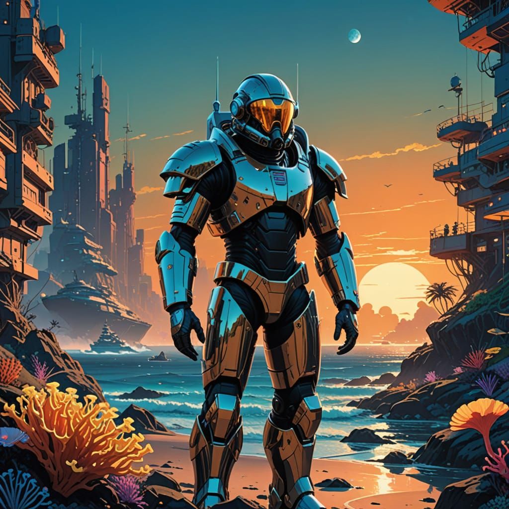 Majestic Superhero Protects Ocean in Scallop Armor - AI Art