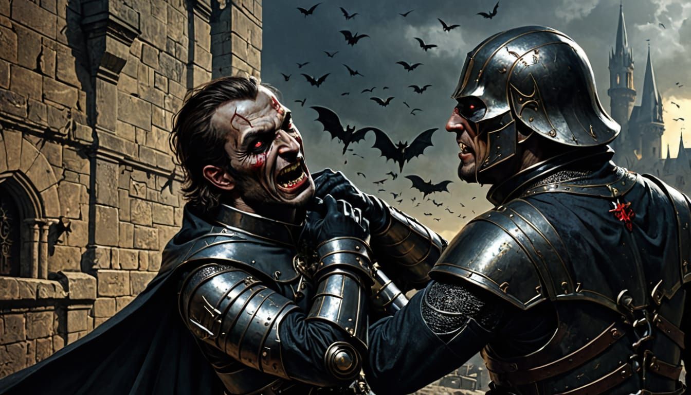 Cyborg Vampires Battle in a Medieval Castle with F... - AI Art