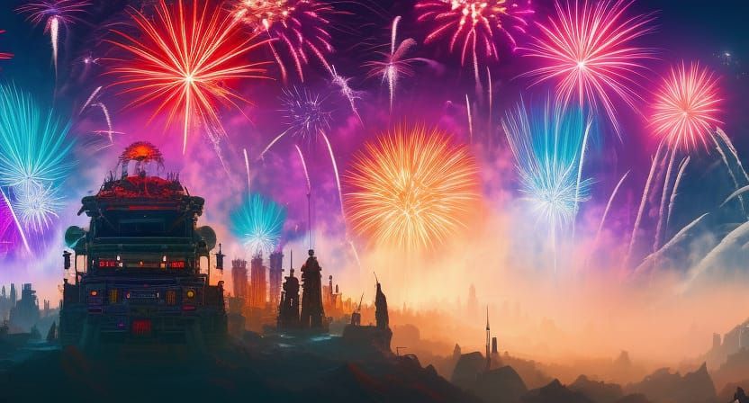 Colorful fireworks in the sky shaped like a dinosaur, fireworks of a ...