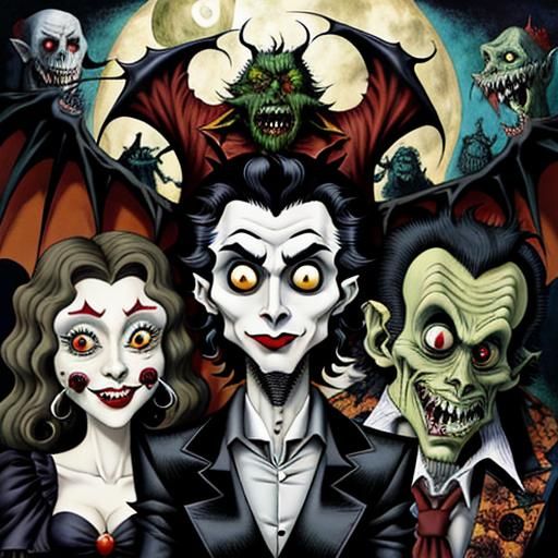 Vicious vampires in love with monsters, by Marc Chagall by Junji Ito, by Skottie young, dark ...