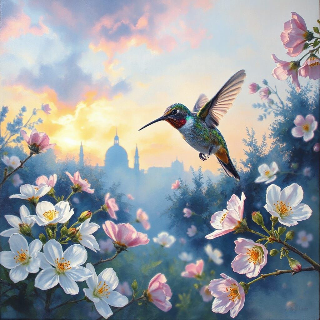 Ethereal Hummingbird Amidst Blossoming Flowers in ... - AI Art