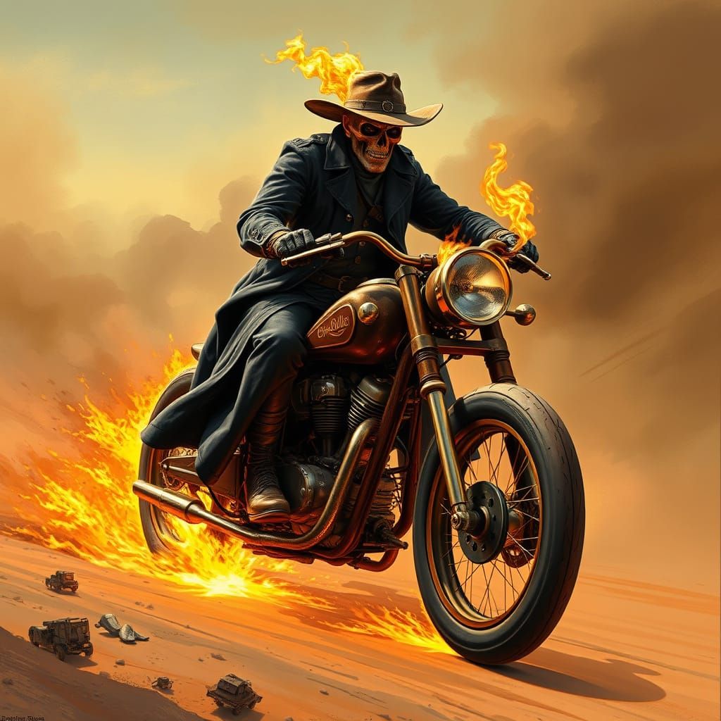 Ghost Rider Rides Fiery Motorcycle Through Golden ... - AI Art