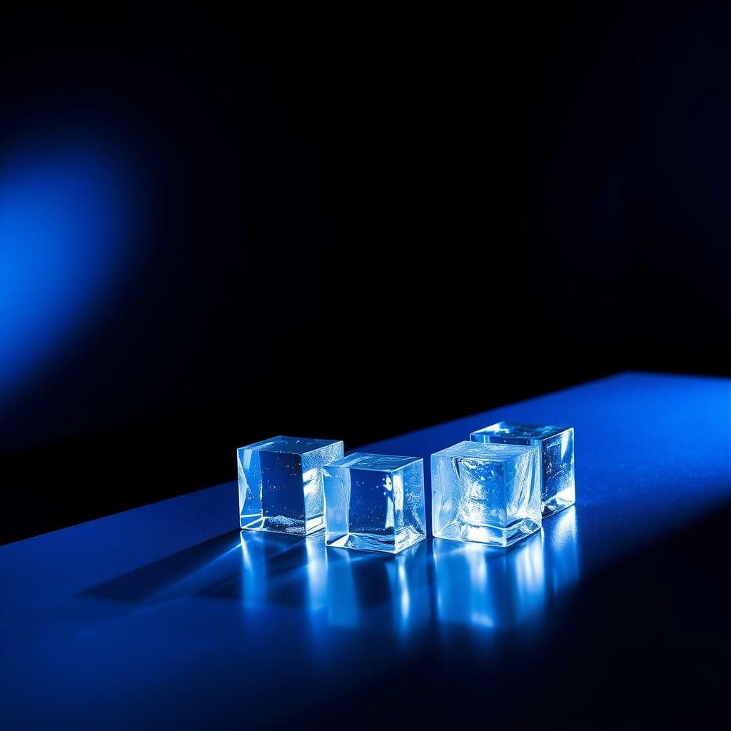 Futuristic still life with icecubes in blue light on a metallic table