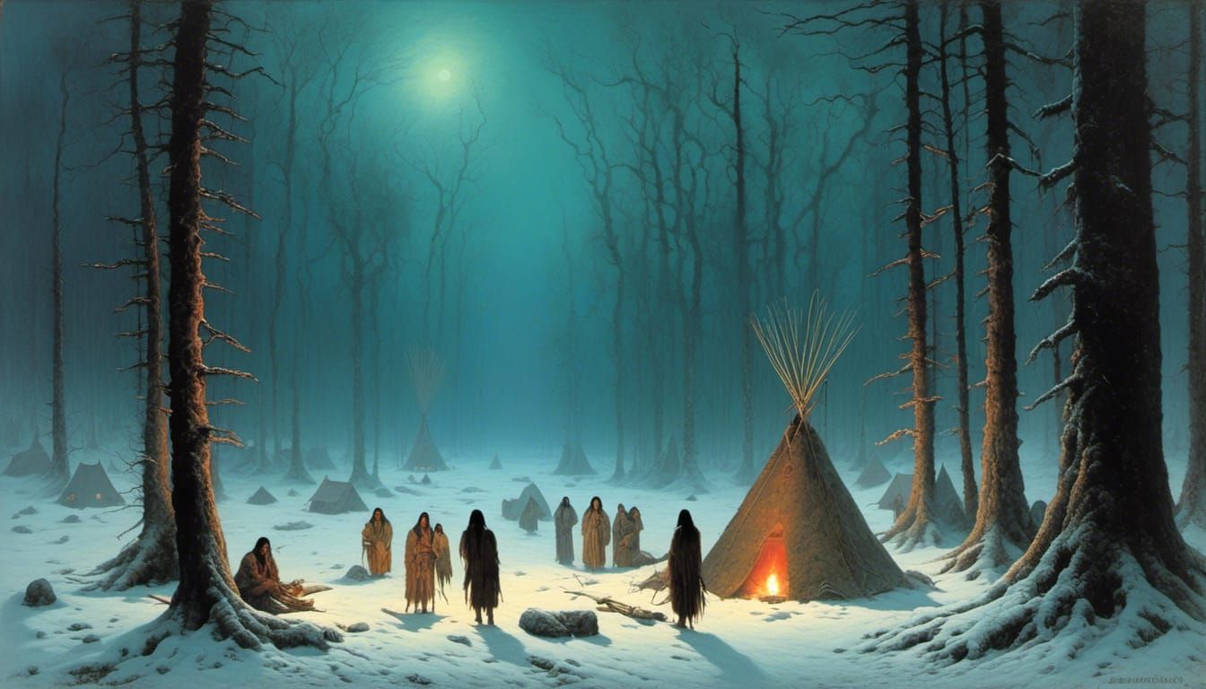 Native Americans camped in winter by Zdzisław Beksiński - AI Generated ...