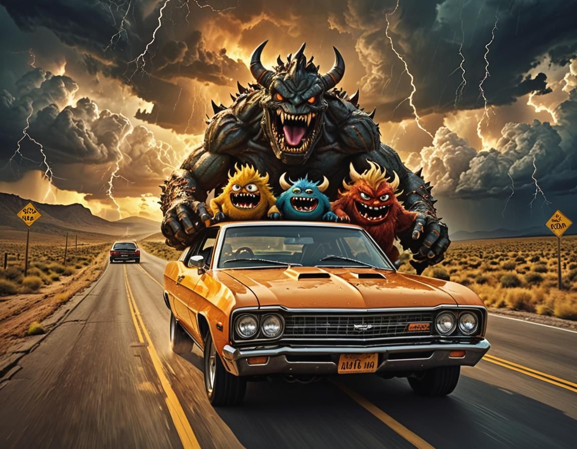 Buddy monsters driving a crazy car tooling down a crazy road and there ...