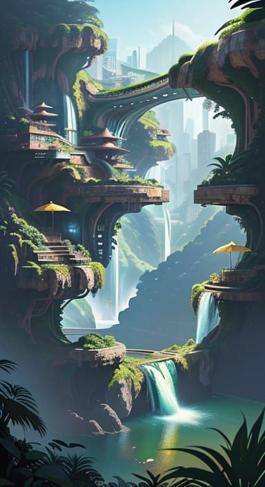 Solarpunk cliffside waterfall cityscape vibrant neon color tone