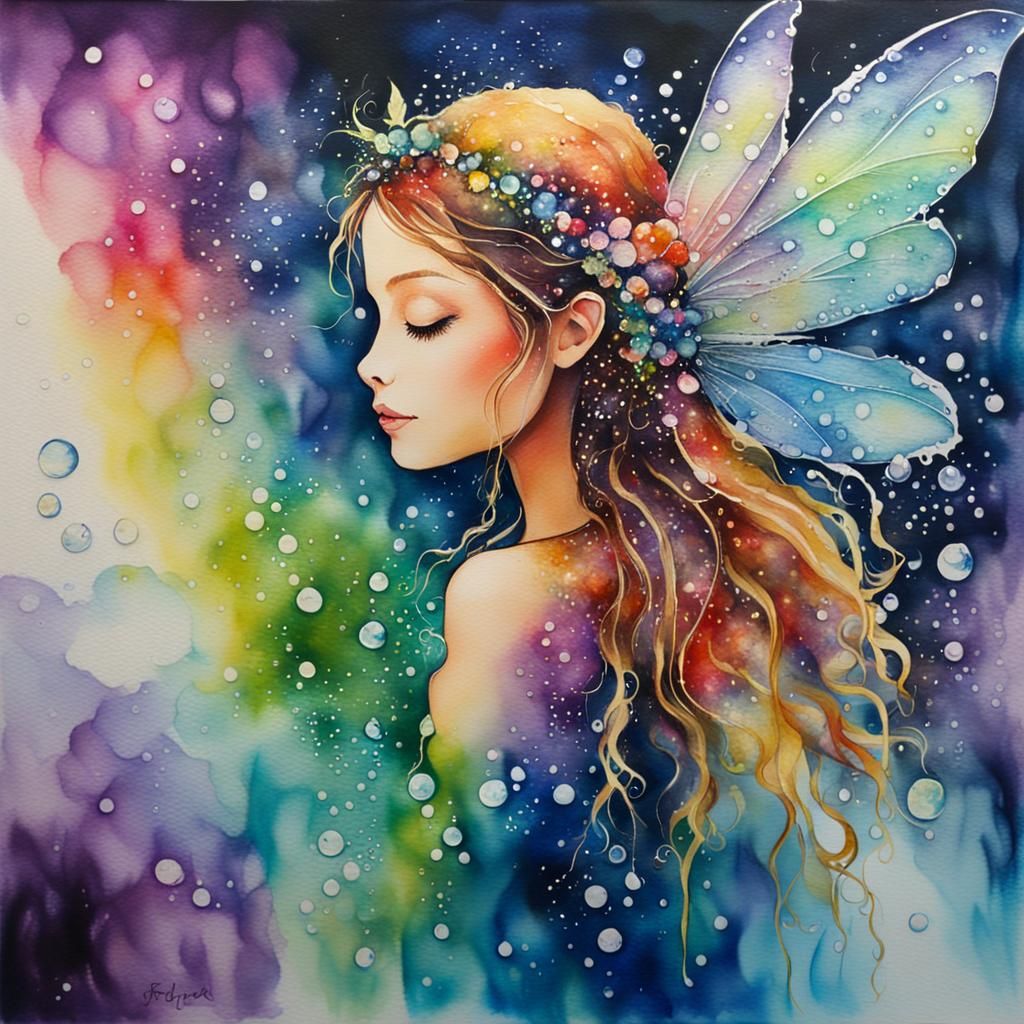 Beautiful fairy, (oil and water) watercolors, fluid acrylics, wet wash ...
