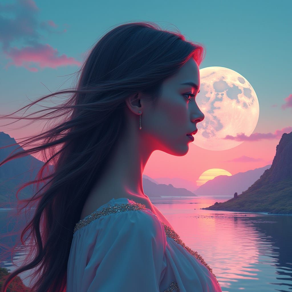 Ethereal Alien Goddess Amidst Celestial Reflection... - AI Art