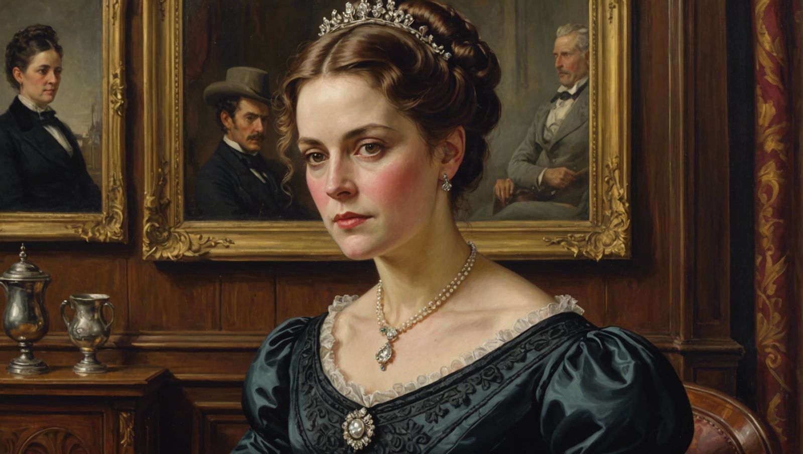 A stunning Victorian lady is depicted in a saloon, presented in a half ...