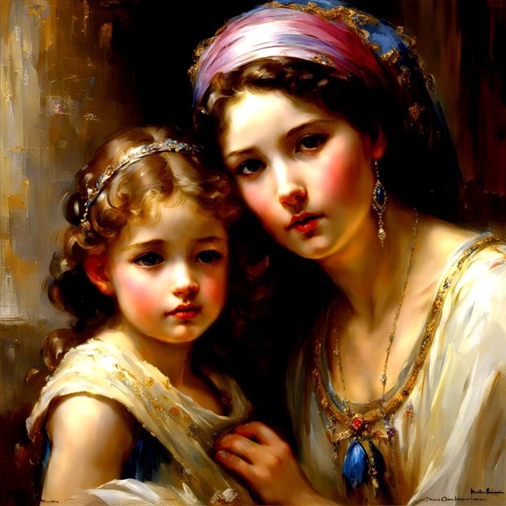 A medieval mother and daughter, beautiful detailed faces, detailed eyes ...