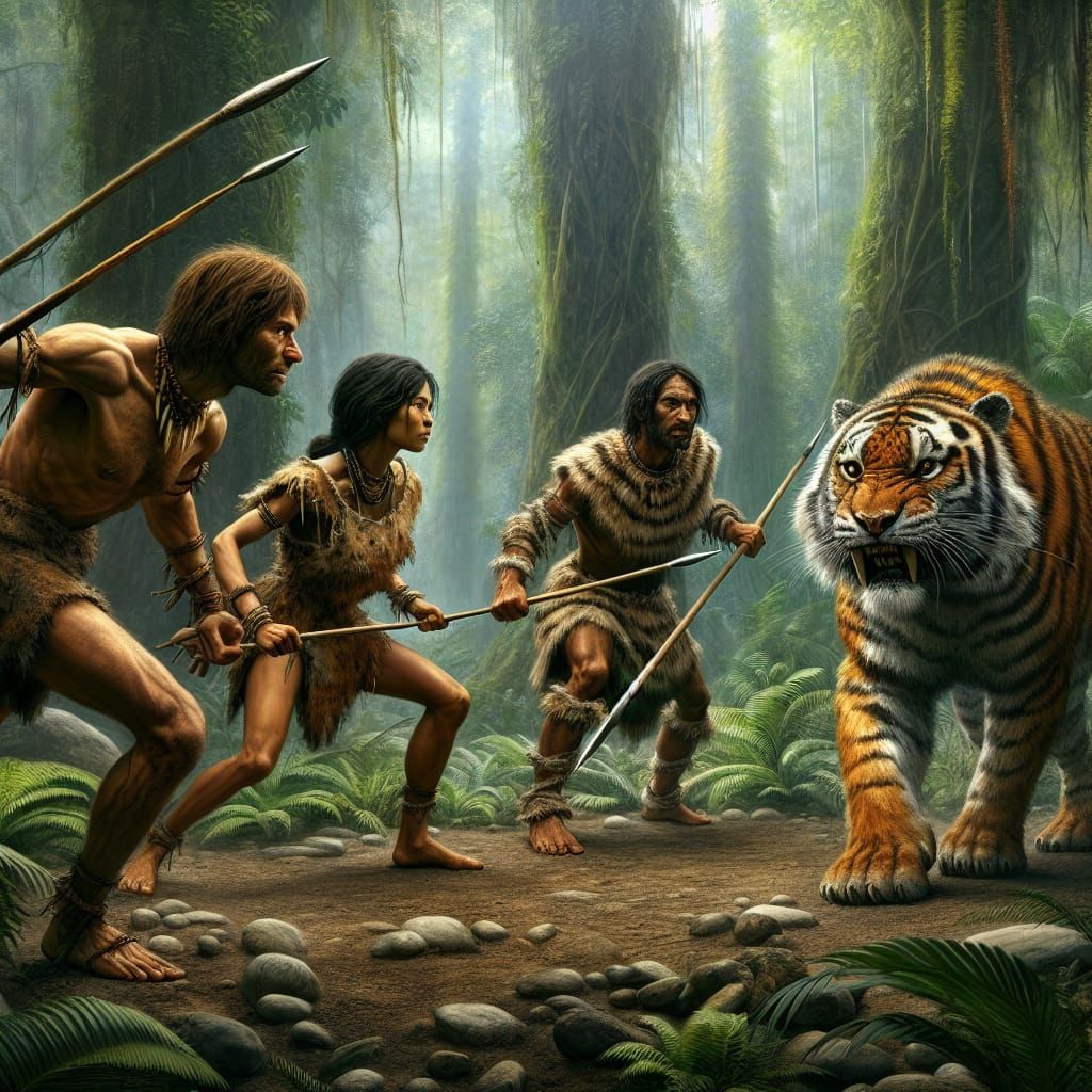 Three early humans are strategically surrounding a saber-tooth tiger ...