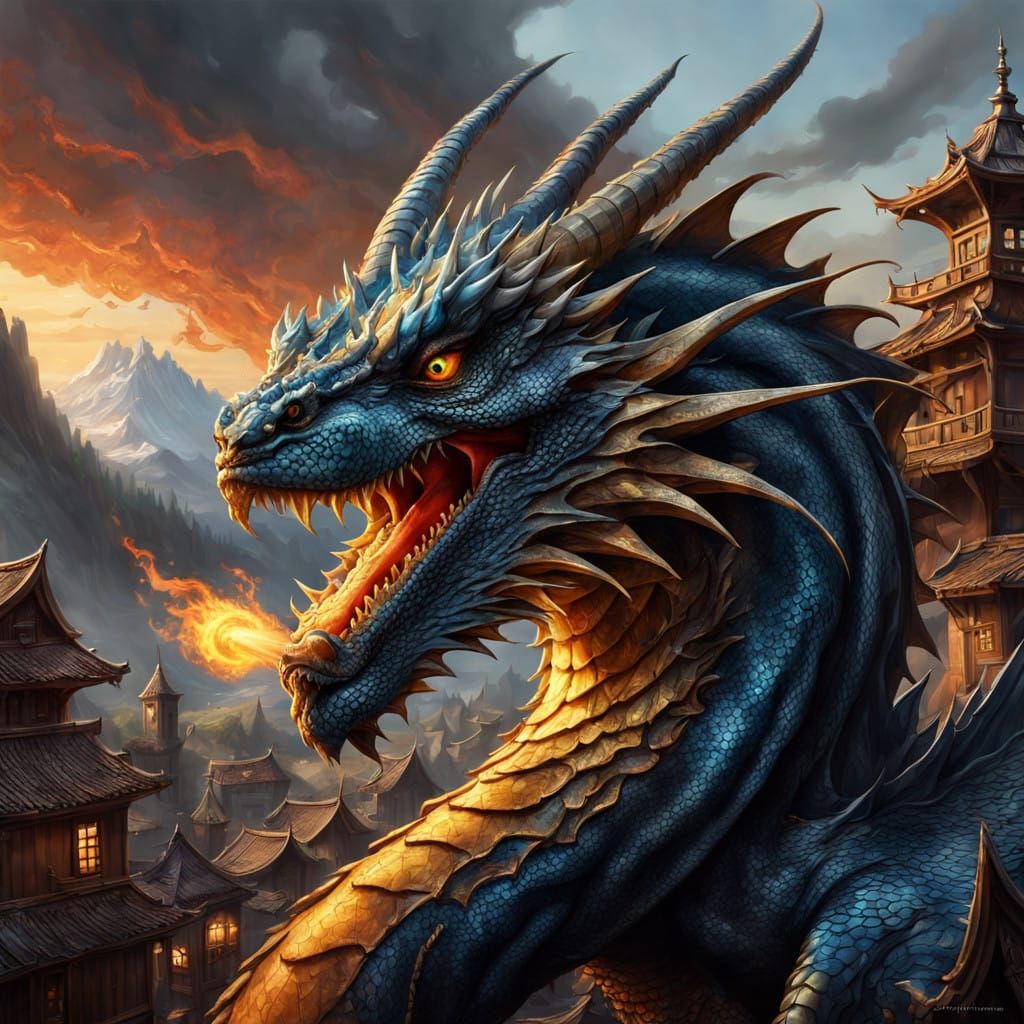 Dragon Raids Village in a Fiery Hyperrealistic Sce... - AI Art