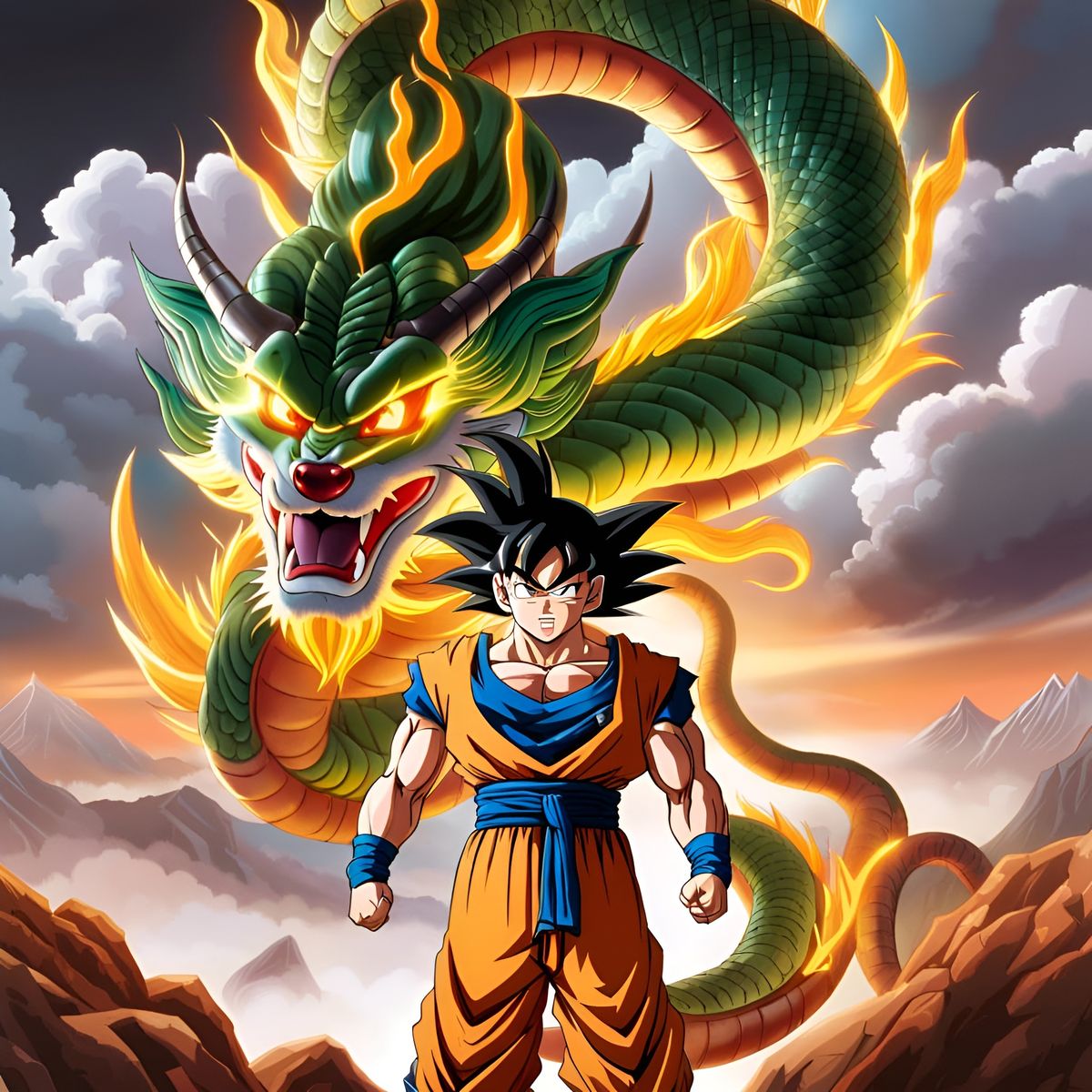 Goku summoning the dragon Shenlong, detailed matte painting, deep color ...