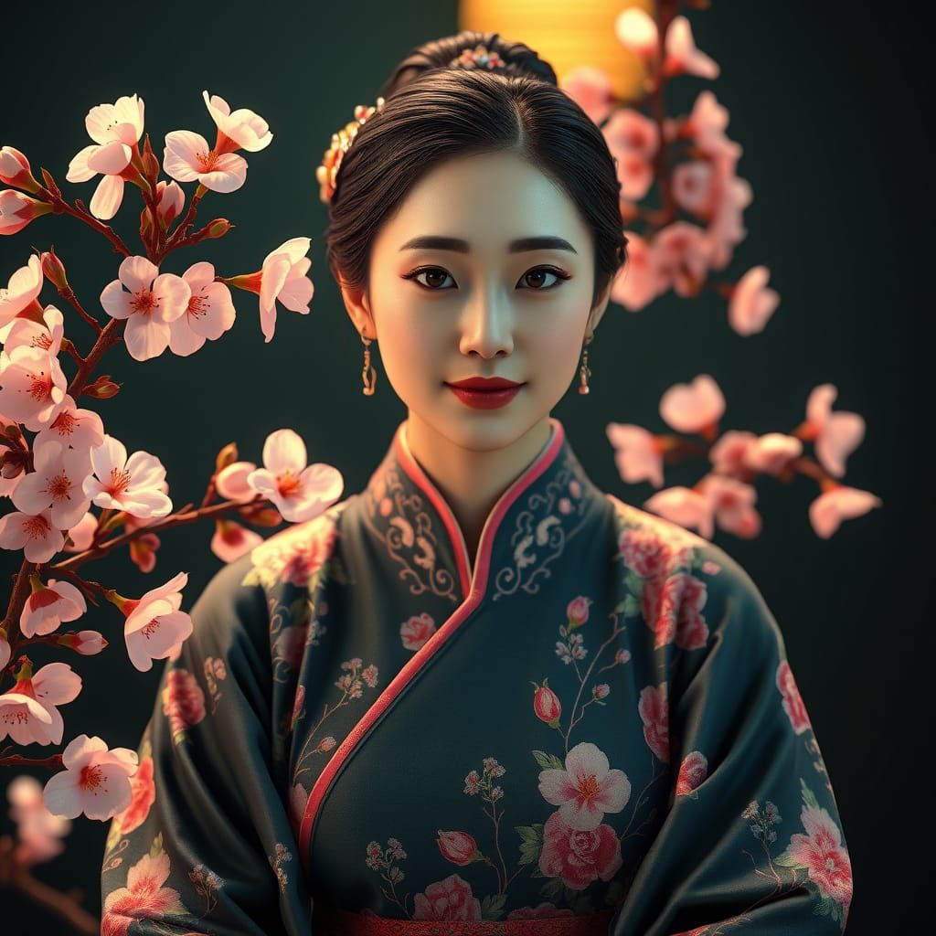 Elegant Asian Lady with Peach Blossoms in Hanfu Dr... - AI Art