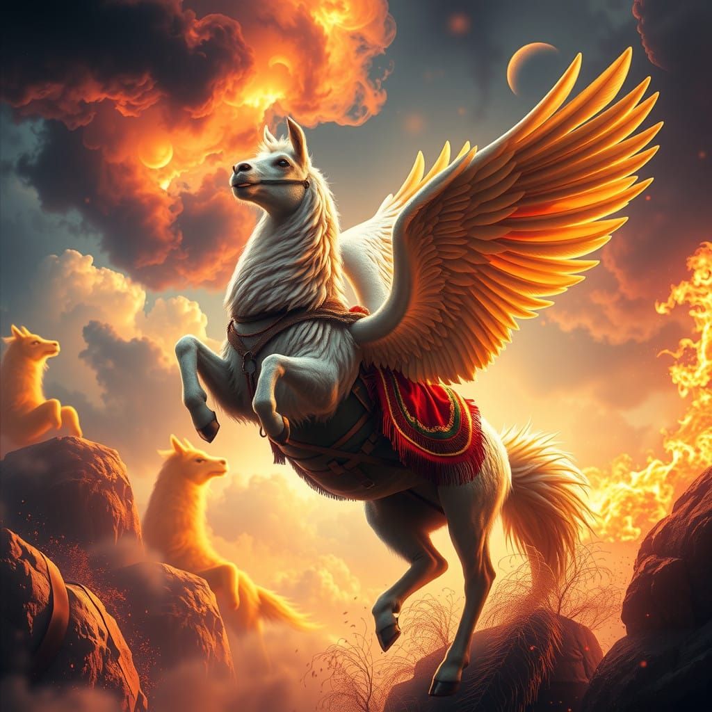 Epic Llama Soars on a Winged Steed Amidst Vibrant ... - AI Art