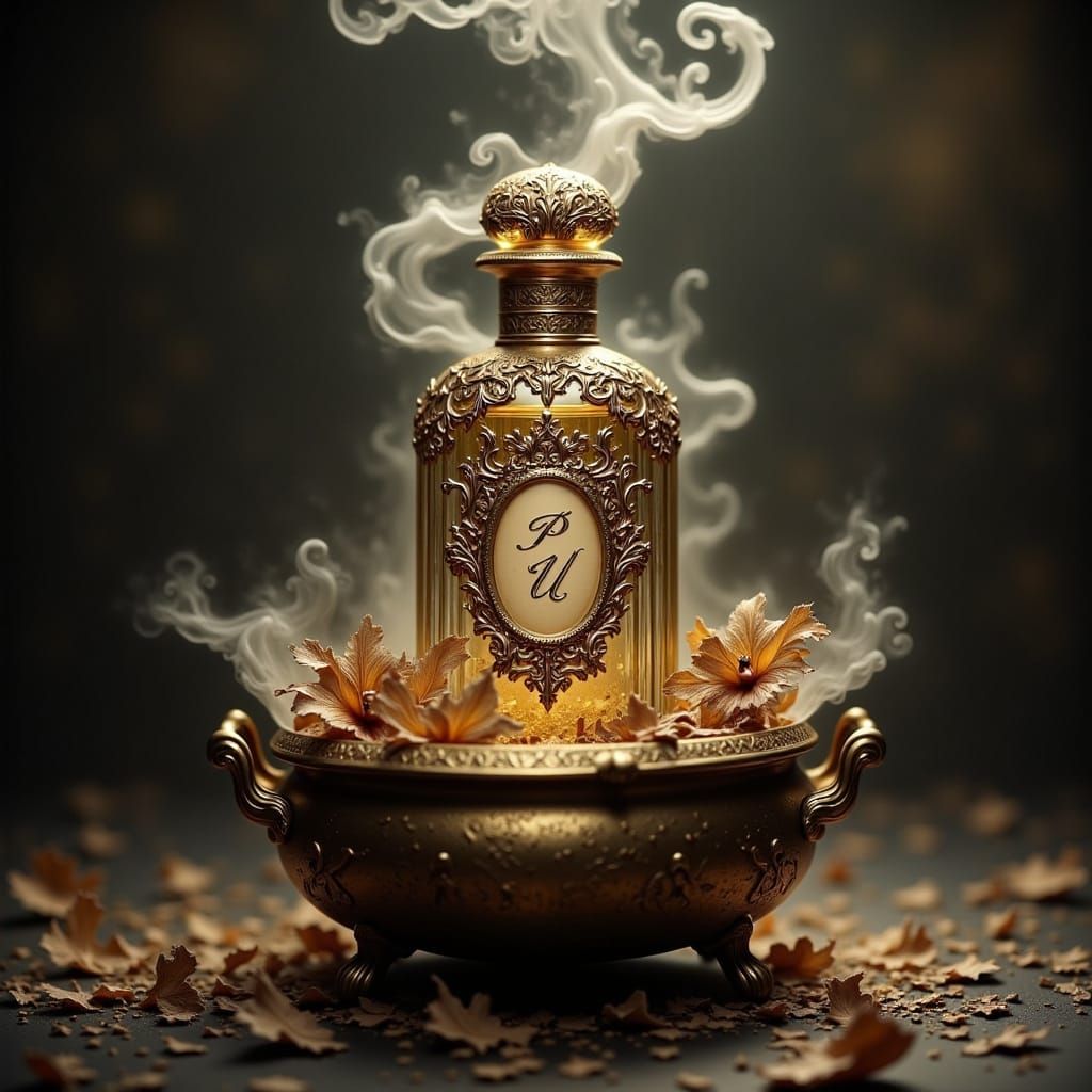 highly ornate gold filigree perfume bottle labeled, 'P-U' written in ...