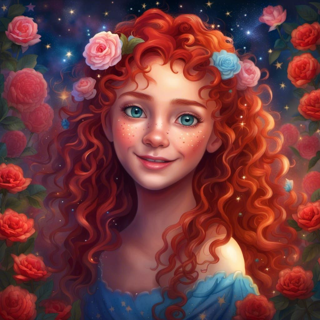 Little smiling princess with dimples on her cheek, freckles on her face ...