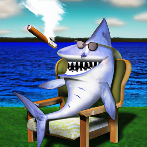 A shark is smoking a cigar. The shark is lounging by a lake and sitting ...