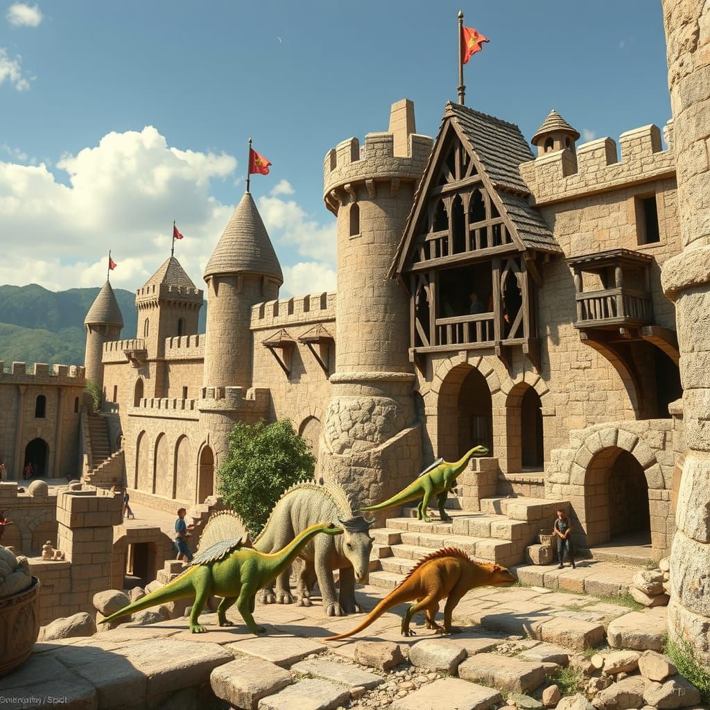 Medieval Dinosaurs Construct Ancient City in a Fan... - AI Art