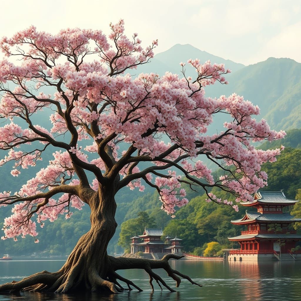 Ancient Sakura Tree in Serene Japanese Landscape - AI Art