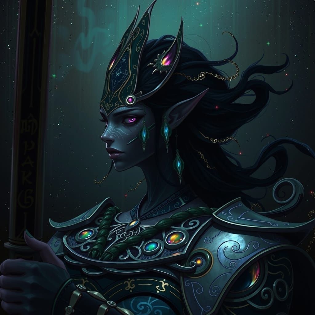 Majestic Drow Elf Samurai in Vibrant Nebula with I... - AI Art