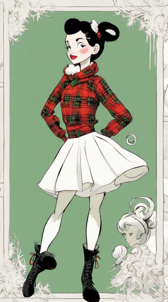 Vintage Cartoon Girl in Festive Holiday Attire - AI Art