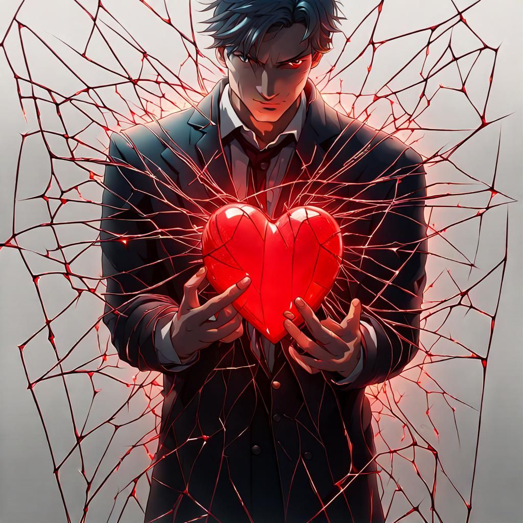 A man shattered as if he were shards of a mirror. His glowing red heart ...
