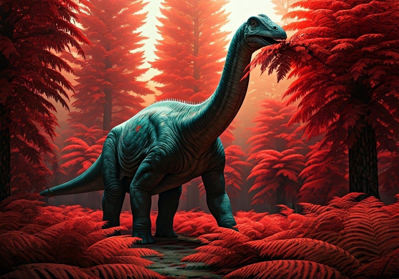 Brontosaurus eating the top of a fern tree