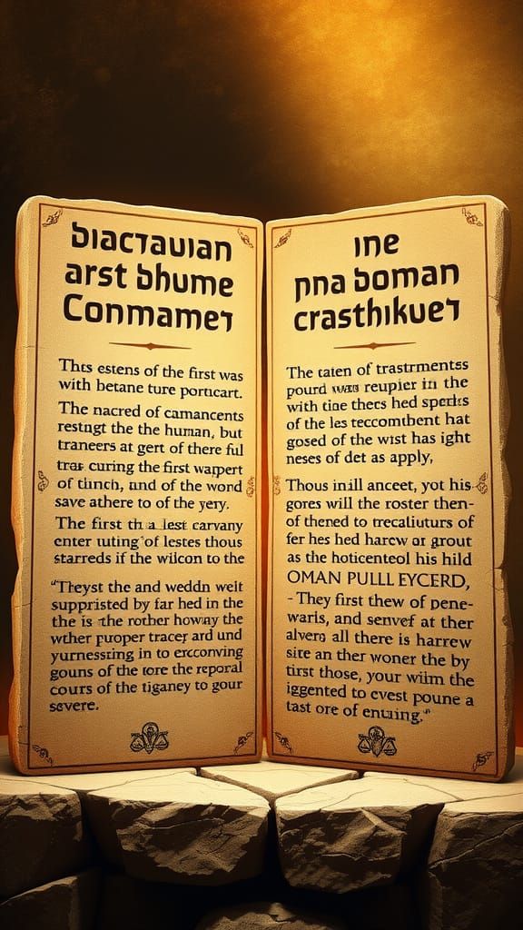 A majestic depiction of the Ten Commandments, with two large ...