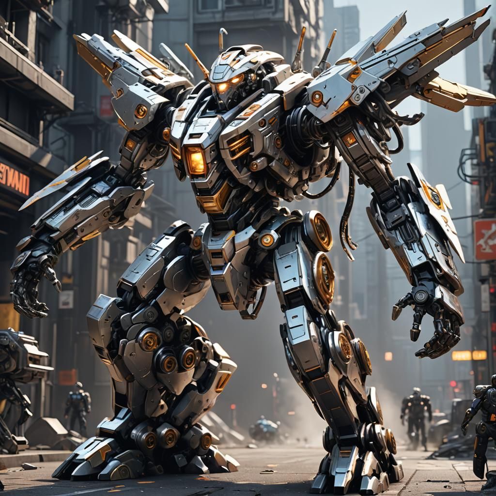 Create a mecha with elements resembling exoskeletons, wings, and ...
