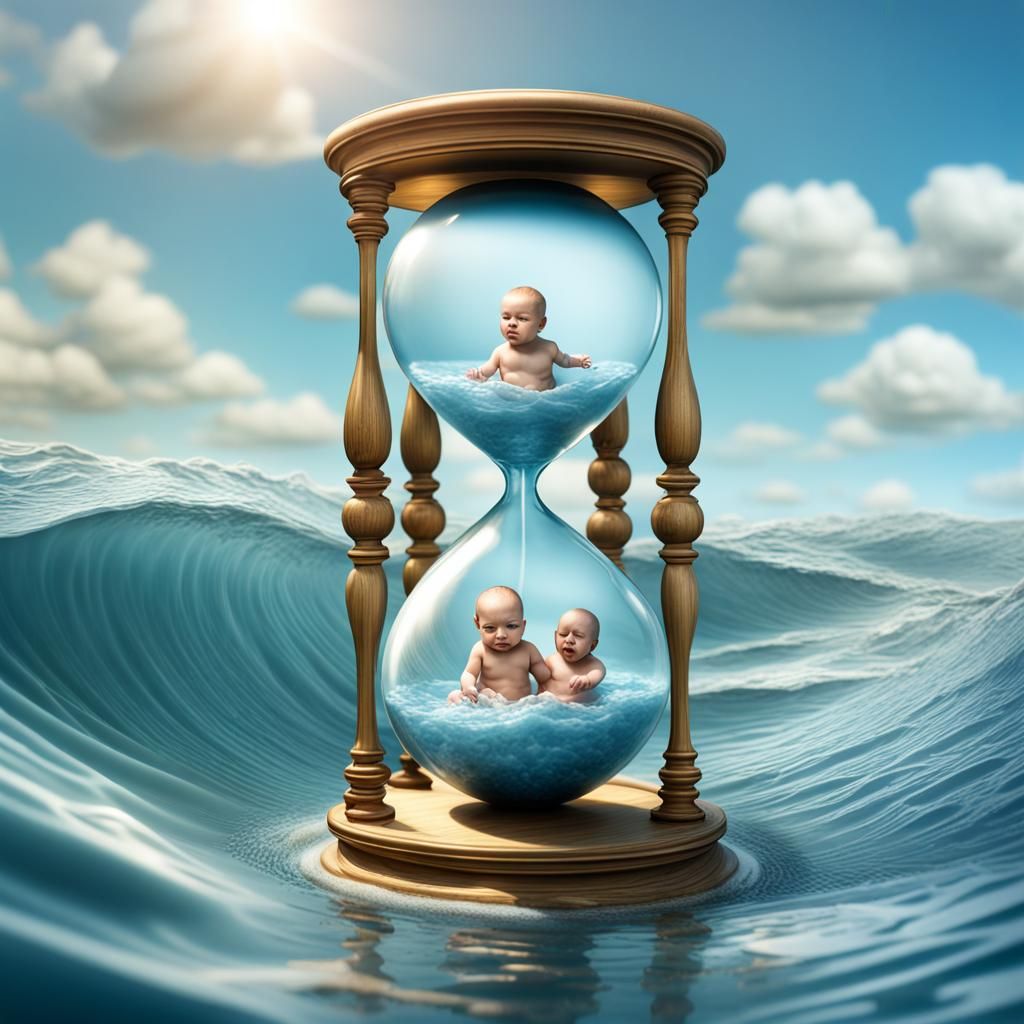 Little human babies trapped inside of an hourglass that's floating on ...