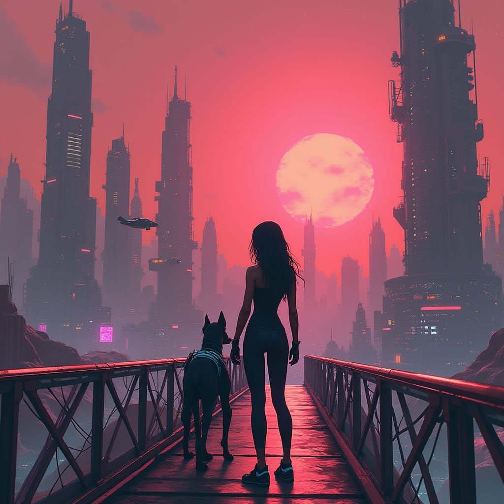 Futuristic Girl and Dog on Mars in Pixelcore Style - AI Art
