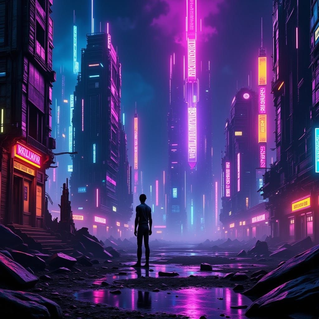 Alien in Ruined Cyberpunk Cityscape with Neon Ligh... - AI Art