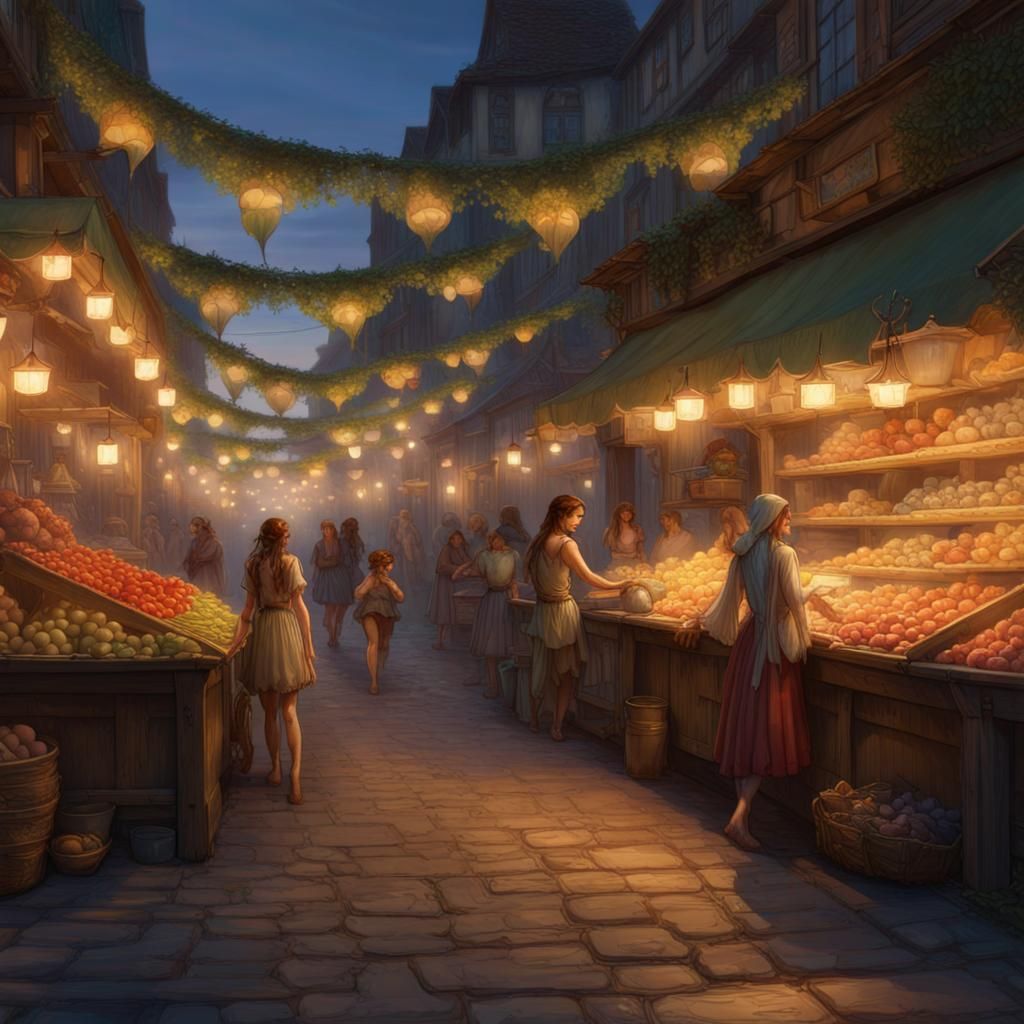 (Fairies with wings:3.2) in the village market (light at dawn:1.9 ...